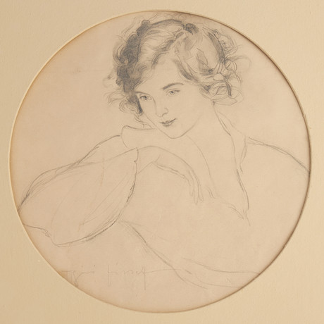 Unknown artist (1900). Young woman in thought, signed, chalk/pencil ...