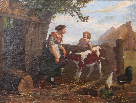 OKÄND KONSTNÄR. Kvinna och barn med kalv. Olja på duk, osignerad ...