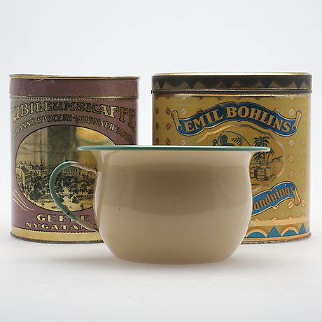 TIN CANS, 2 pcs, and CHILDREN'S POTTY, enamel, first half of the 20th ...