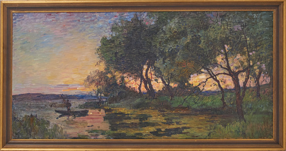 AXEL PETER (1863-1942). Lake landscape with male figure, signed Ax ...