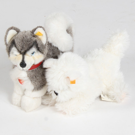 TWO STEIFF DOGS, "SAM" AND A HUSKY, WITH BUTTONS AND LABELS (2). Toys ...