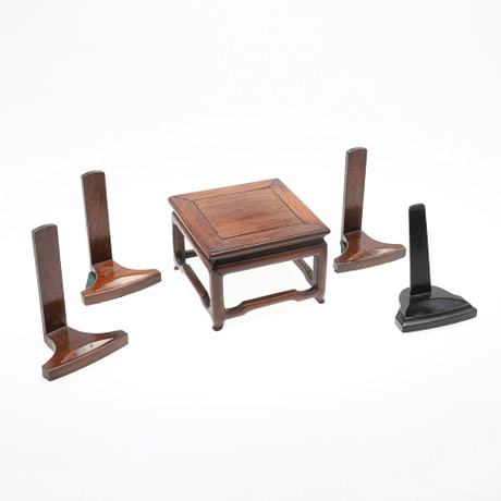 A SQUARE SHAPED CHINESE HARDWOOD URN STAND AND OTHER PLATE STANDS ...