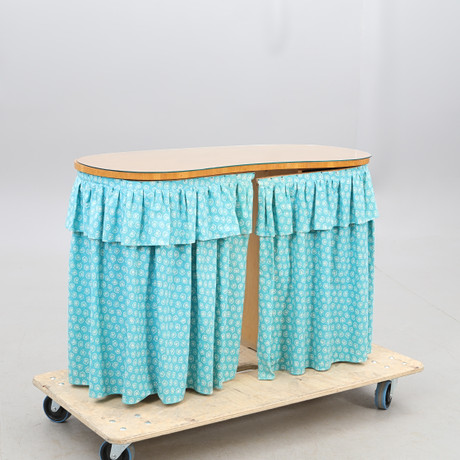 DRESSING TABLE, with glass top and openable fabric doors. Furniture ...