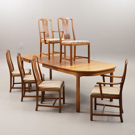 CARL MALMSTEN. Matsalsmöbel, 7 delar, "Ambassadör", valnöt, brännmärkta ...