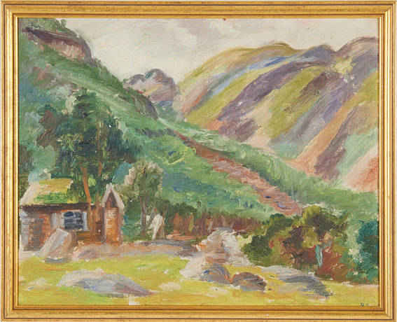 BIRGER SIMONSSON (1883-1938). Bergslandskap med timmerstuga ...