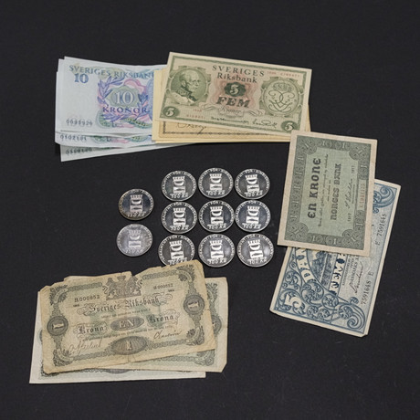 11 LOCAL COINS FOR SIMRISHAMN, SILVER AND OLDER SWEDISH BANKNOTES ...