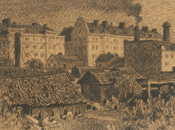 FERDINAND BOBERG. Cityscape, charcoal drawing, signed BOBERG. Art ...