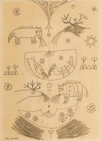 HANS OSSWALD. Pencil drawing, motif of Sami iconography, signed HANS ...