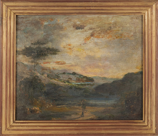 OIDENTIFIERAD KONSTNÄR (1800-TAL). Landscape with figure, oil on Board ...