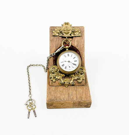 POCKET WATCH IN WOODEN FRAME, with chain, keys. Clocks & Watches ...