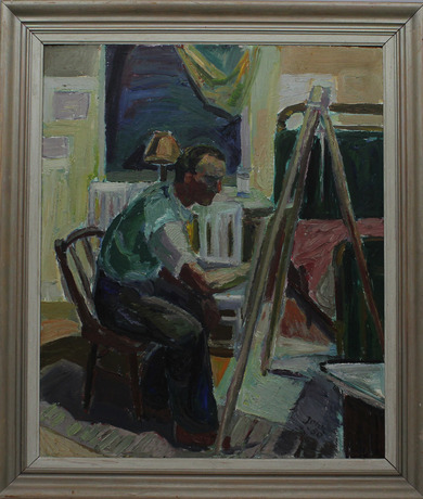 GUNNAR JONN. "Interior with painter", (self-portrait). Oil on Board ...