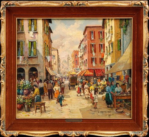 SALVATORE CATALANO. "Fiera al Paese", olja på duk, signerad. Konst ...