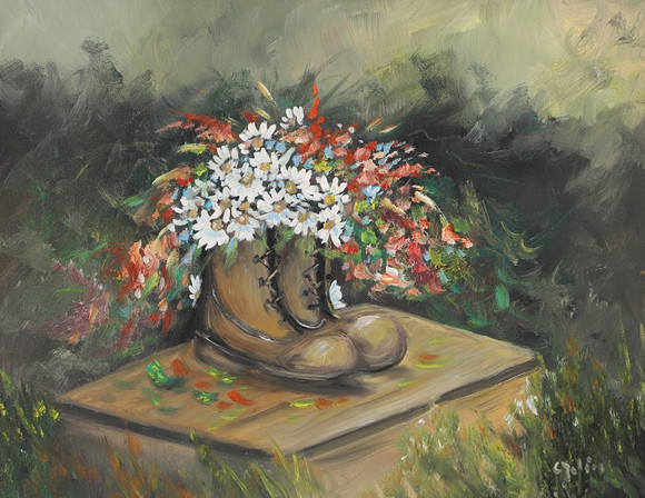 CARL JULIUS. Still life with boot and flowers, oil on canvas, signed C ...