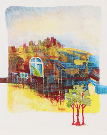 PETER JAKOBY. "Utsikt från ett storstadsfönster, blandteknik, signerad ...