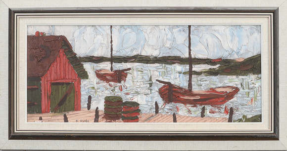 BRITTA GRUDE. Oil on canvas, boat pier, signed B. Grude. Art ...