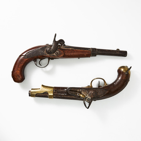 FLAT-LOCK PISTOL and FLINT-LOCK PISTOL, French, 19th century, flint ...