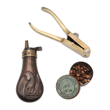 A COPPER BODIED POWDER FLASK, BULLET MOLD AND PERCUSSION CAPS. Weapons ...