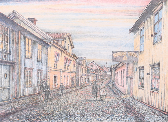 MICHAEL HASKETT. Färglitografi, stadsbild från Vimmerby, signerad ...