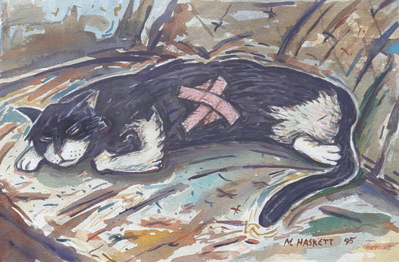 MICHAEL HASKETT. Akvarell, omplåstrad katt, signerad, daterad 95. Konst ...