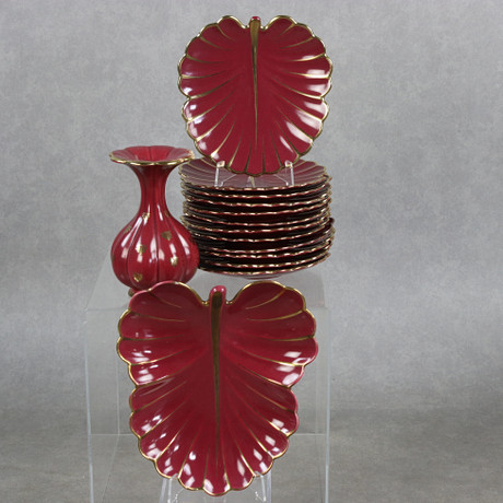 ARTHUR PERCY. Fruktservis och vas, 14 delar, "Röd Rubin", Uppsala-Ekeby ...