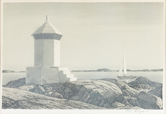REINHOLD LJUNGGREN. Archipelago motif with lighthouse, lithography ...