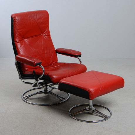 SPINNING ARMCHAIR with FOOTSTEEL, red leather, circa 1970s. Furniture ...