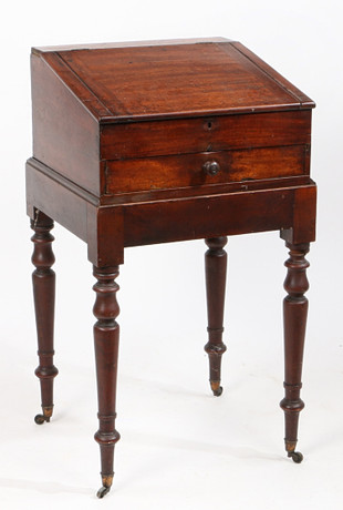 A VICTORIAN MAHOGANY WRITING BOX AND STAND, WITH SLOPING HINGED LID ...