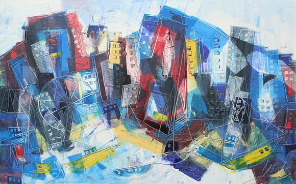 MAX MULLER (BK). studio. 'Bunte Hafenstadt', 2013, akryl på duk ...