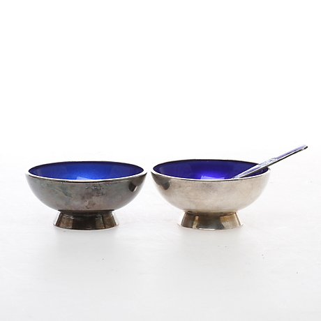 SALT DISH, 2 pcs, and SPOON, sterling silver and enamel, Meka, Denmark ...