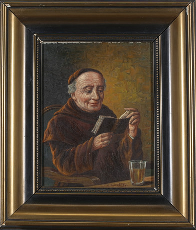 OIDENTIFIERAD KONSTNÄR. Munk med bibel, olja på pannå, signerad O ...
