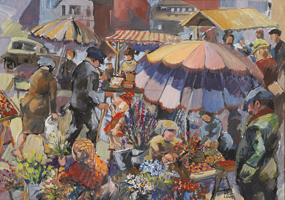 EBBE HÖGLUND. Olja på duk, "Vår på torget" Karlshamn, gammal fin ram ...