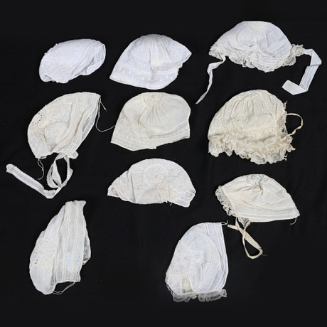 TEN 19TH CENTURY EMBROIDERED LACE WHITEWORK BONNETS. Carpets & Textiles ...