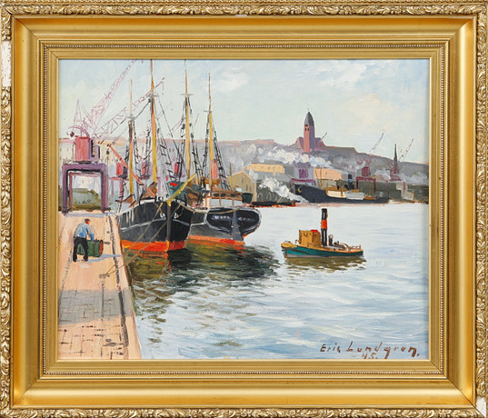 ERIC LUNDGREN. Port of Gothenburg, oil on Board, signed and dated -45 ...