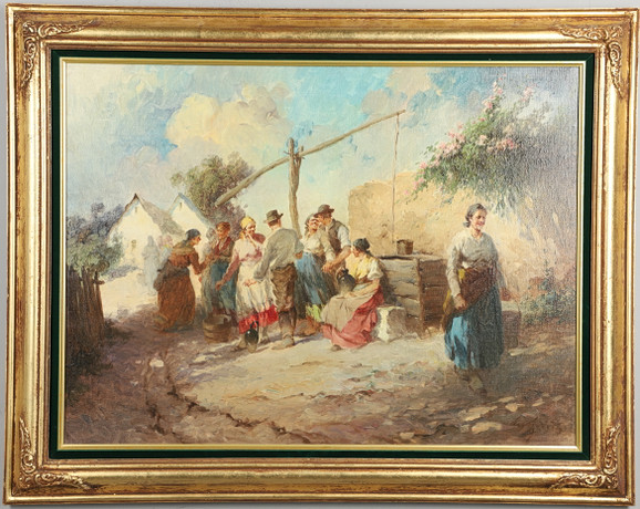 SPANISH SCHOOL, 20TH CENTURY. GLADA BYBOR VID EN BRUNN. Konst - Måleri ...