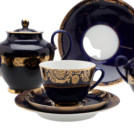 TABLEWARE, 22 pieces, porcelain, "Golden Frieze", Lomonosov, Russia ...