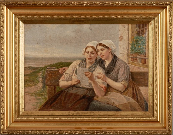 HENRI BOURCE. Brevläsande kvinnor, olja på duk, signerad Henri Bource ...