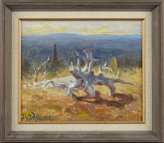 THURE WALLNER. Landskap med liggande trädstam, olja på pannå, signerad ...