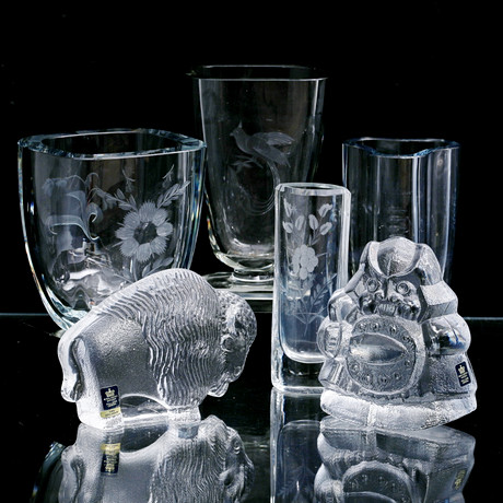 GLASS OBJECTS, 6 pcs, vases and glass blocks, including Royal Crown ...
