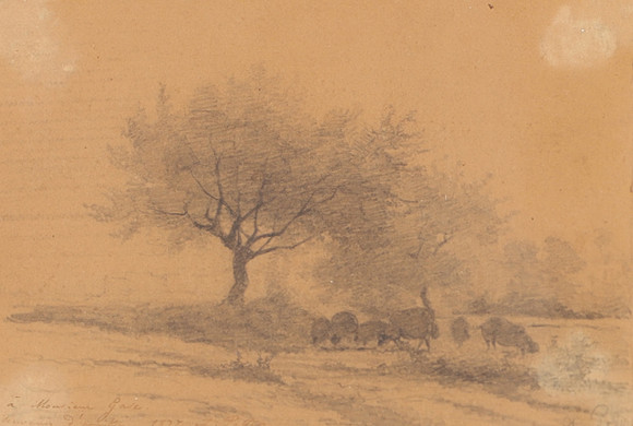 ADOLPHE POTTER. Landscape with sheep, drawing, signed A. Potter, 19th ...