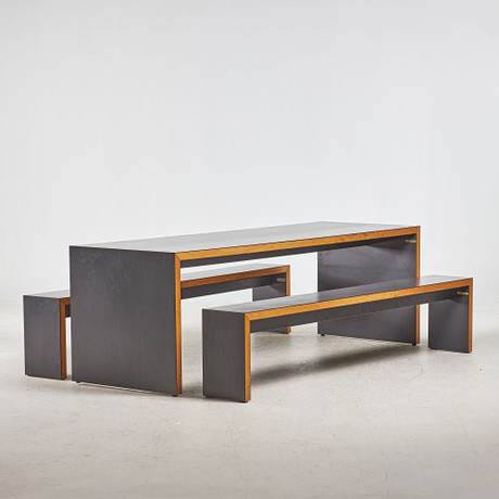 JAMES BURLEIGH. TABLE and BENCHES, 3 dlr, "Waldo 45", gray laminate ...