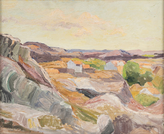 ELLIS WALLIN. Cliff landscape with houses, oil on Board, signed and ...