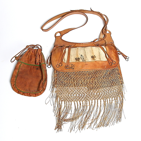 HUNTING BAG and SAMI COFFEE BAG, leather and skin. 1900s. Miscellaneous ...