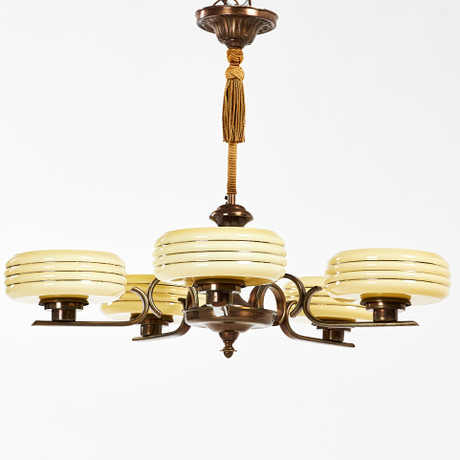 TAKLAMPA. 1930/40-tal, fem ljusarmar, cylderformade kupor, bronserad ...