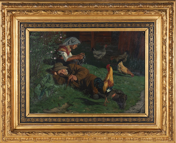 AXEL BORG (1847-1916). Gårdsmotiv med höns, olja på duk, signerad och ...