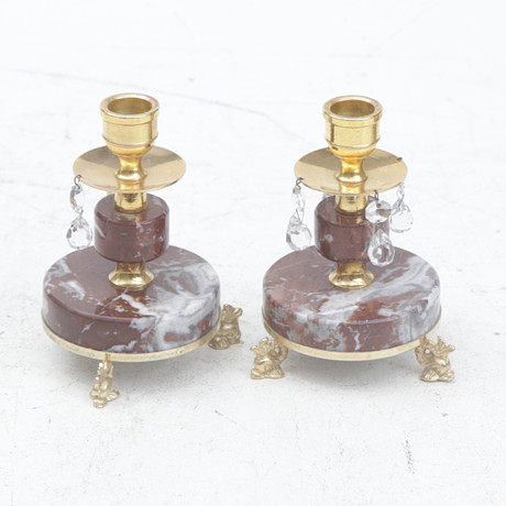 PALILLOS PARA VELAS, 1 par, prismas de mármol/latón/vidrio, década de ...