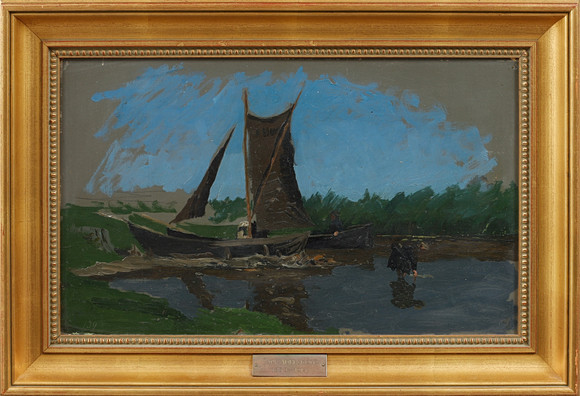 CARL ADELSKÖLD. Tillskriven. Båt och figurer vid strand. Olja på pannå ...