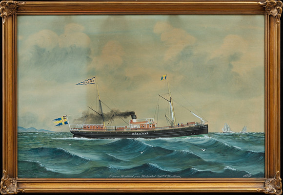LARS PETTER SJÖSTRÖM. Ship portrait, "Halland", gouache, signed and ...