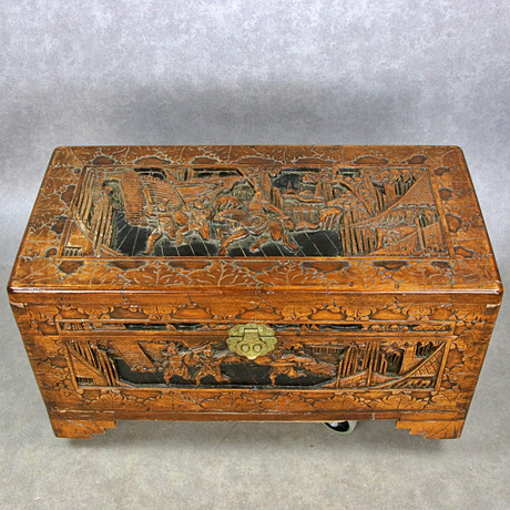 CAMPHOR CHEST, carved figures in relief, Hong Kong, 20th century ...