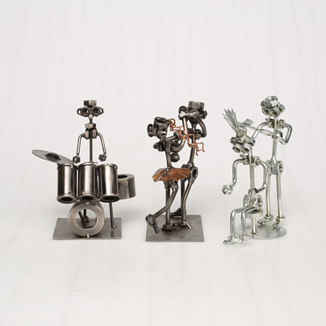 SCULPTURES. 3 pcs. DANCING COUPLE labeled Happy Metal. DRUMMER. And ...