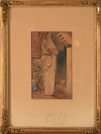 ALBERT THEODOR GELLERSTEDT. Klostergård med läsande munk, akvarell ...